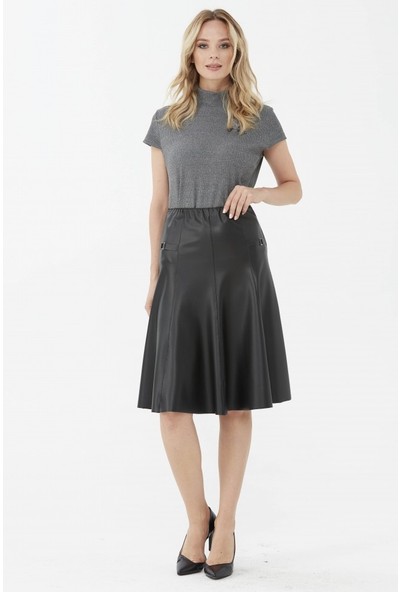 Selen Giyim Yanı Tokalı Parçalı Deri Etek - 20ksl3095