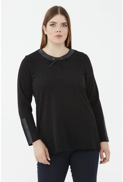 Selen Giyim Büyük Beden Yakası Ve Kolu Deri Kombinli Bluz