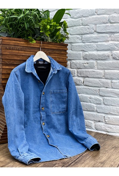 Bikombine Erkek Buz Mavisi Oversize Kot Gömlek