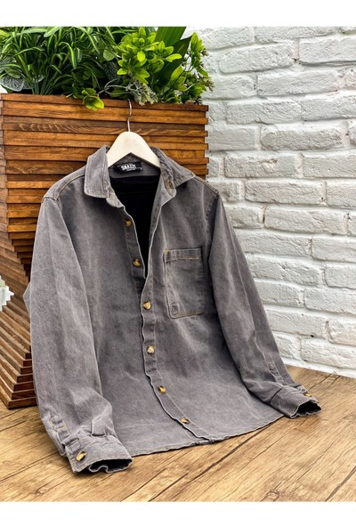 Bikombine Erkek Gri Oversize Kot Gömlek