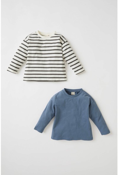 DeFacto Erkek Bebek Bisiklet Yaka Çizgili 2'li Uzun Kollu Pamuklu Tişört W7975A222SP