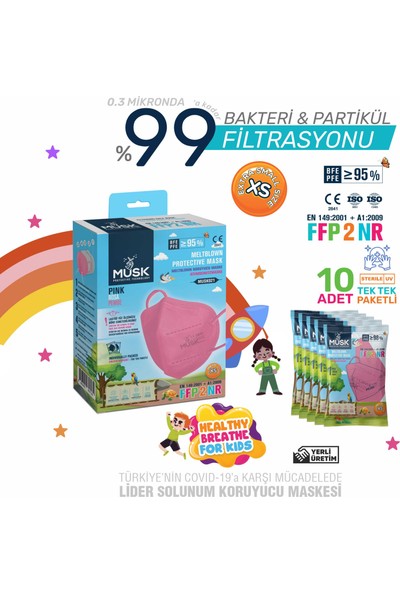 Musk Ffp2 Çocuk Maske Pembe Renk Xs 10 Adet