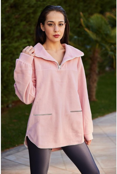 Lars Butik Kadın Pembe Yüksek ve Fermuarlı Yaka Polar Sweatshirt Lars Butik Kadın Pembe Yüksek ve Fermuarlı Yaka Polar Sweatshirt