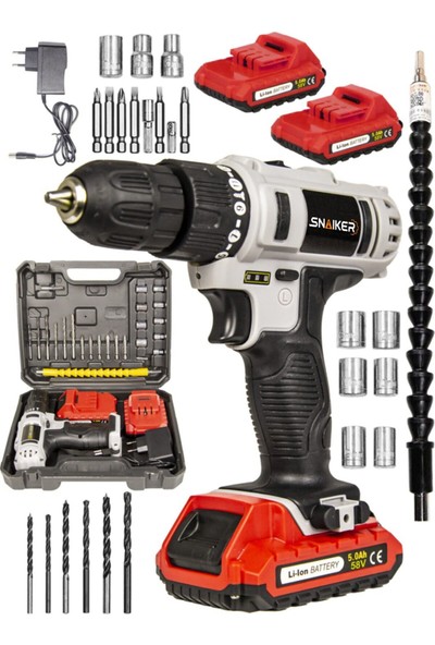 Snaiker Alman 58 V 5 Ah Darbeli Metal Şanzuman Bakir Sargılı Çift Akülü Şarjlı Vidalama Matkap 24 Parça Set Snaiker Alman 58 V 5 Ah Darbeli Metal Şanzuman Bakir Sargılı Çift Akülü Şarjlı Vidalama Matkap 24 Parça Set