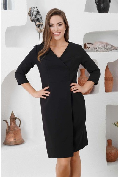 Carmen Siyah Krep Yarım Kol Büyük Beden Abiye Elbise
