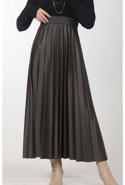 Azra Fashion Bayan Deri Görünümlü Piliseli Etek 90CM - S