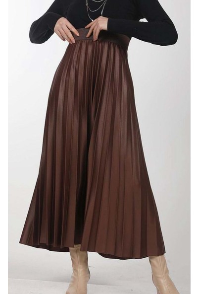 Azra Fashion Bayan Deri Görünümlü Piliseli Etek 90CM - M