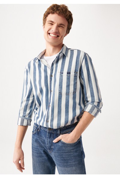 Mavi Çizgili Indigo Gömlek