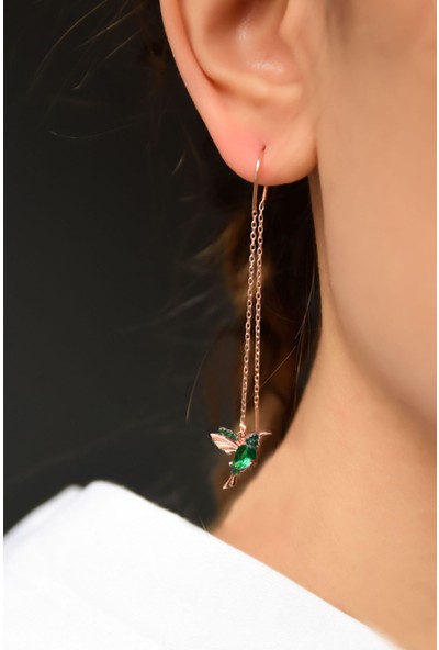 Papatya Silver 925 Ayar Gümüş Rose Kaplama Yeşil Taşlı Zincir Kuş Küpe