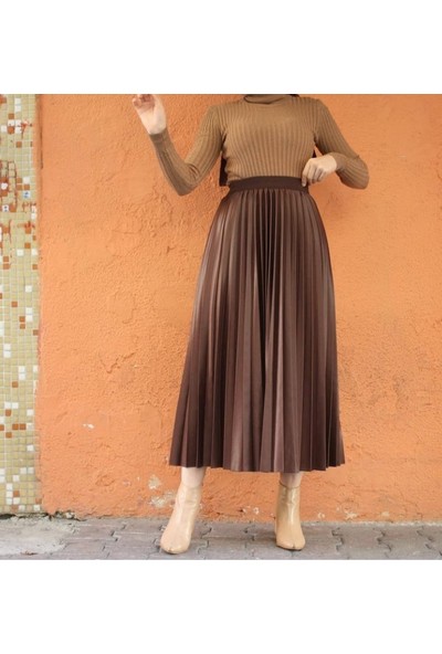 AB Butik Deri Görünümlü Pileli Etek