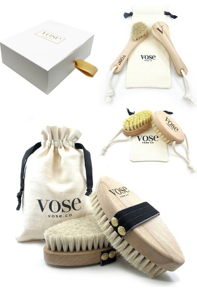 Vose 3' Lü Set Doğal At Kılı Selülit Fırçası (Black Rose) + Yüz Fırçası + Tırnak Fırçası