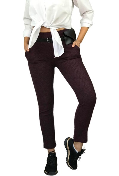 Yoisho Store Yünlü Kazayağı Desenli Bordo Kadın Pantolon