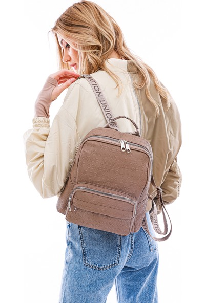 Madamra Koyu Vizon Kadın Desenli Çok Gözlü Sırt Çantası