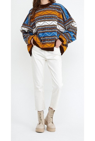 Arctic Kadın Yarasa Kol Oversize Desenli Triko Tek Ebat