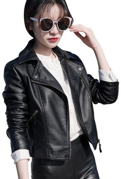 Genel Kadın Siyah Ince Pu Deri Biker Ceket Genel Kadın Siyah Ince Pu Deri Biker Ceket
