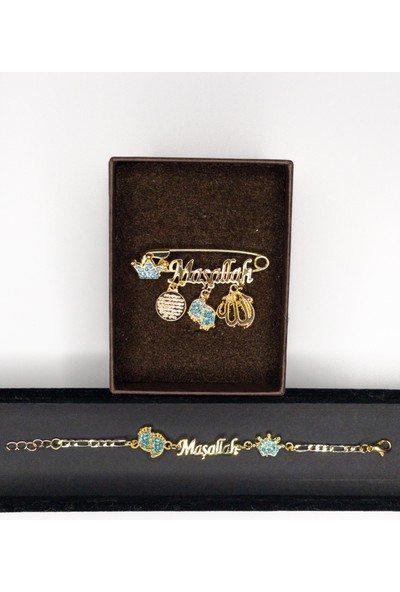 Vera Hediye Bebek Hediyelik Maşallah Bebek Yaka Iğnesi ve Bebek Bileklik - Künye Mavi