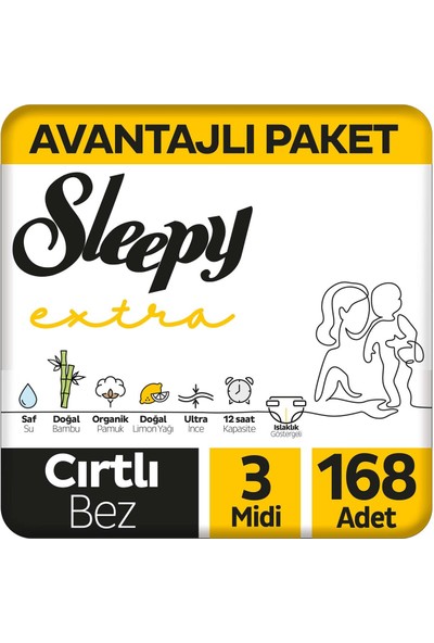 Sleepy Extra Günlük Aktivite Avantajlı Paket Bebek Bezi 3 Numara Midi 168 Adet Sleepy Extra Günlük Aktivite Avantajlı Paket Bebek Bezi 3 Numara Midi 168 Adet