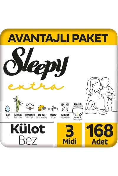 Sleepy Extra Günlük Aktivite Avantajlı Paket Külot Bez 3 Numara Midi 168 Adet Sleepy Extra Günlük Aktivite Avantajlı Paket Külot Bez 3 Numara Midi 168 Adet