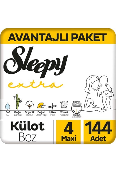 Sleepy Extra Günlük Aktivite Avantajlı Paket Külot Bez 4 Numara Maxi 144 Adet Sleepy Extra Günlük Aktivite Avantajlı Paket Külot Bez 4 Numara Maxi 144 Adet
