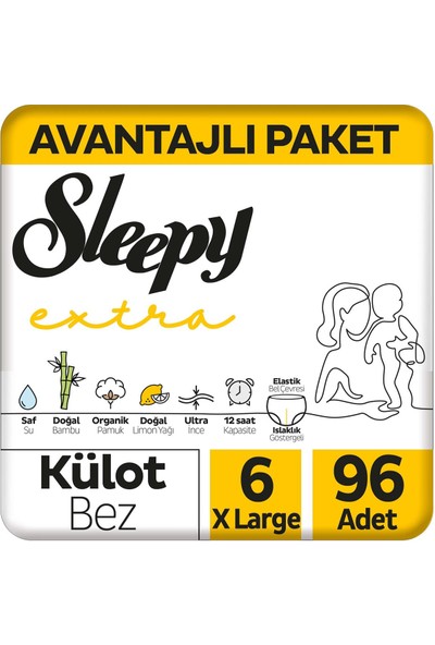 Sleepy Extra Günlük Aktivite Avantajlı Paket Külot Bez 6 Numara Xlarge 96 Adet Sleepy Extra Günlük Aktivite Avantajlı Paket Külot Bez 6 Numara Xlarge 96 Adet