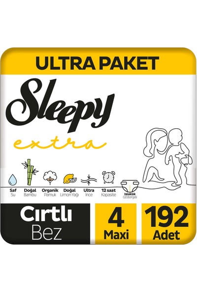 Sleepy Extra Günlük Aktivite Ultra Paket Bebek Bezi 4 Numara Maxi 192 Adet Sleepy Extra Günlük Aktivite Ultra Paket Bebek Bezi 4 Numara Maxi 192 Adet