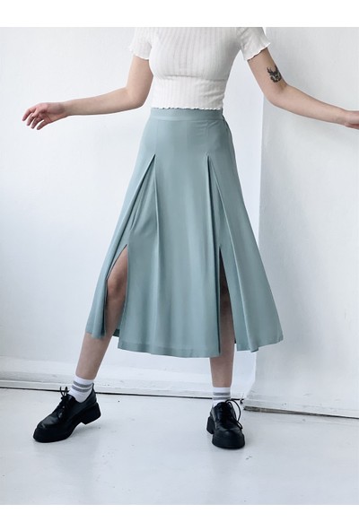 Retrobird Yırtmaçlı Yüksek Bel Etek Kadın Çağla