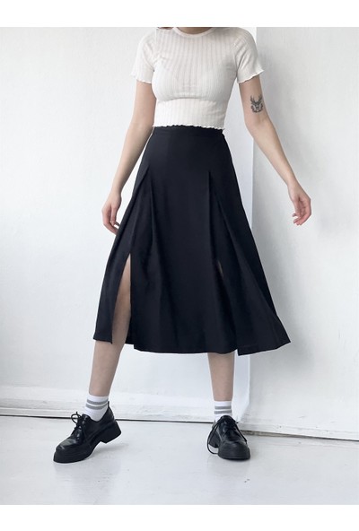 Retrobird Yırtmaçlı Yüksek Bel Etek Kadın Siyah