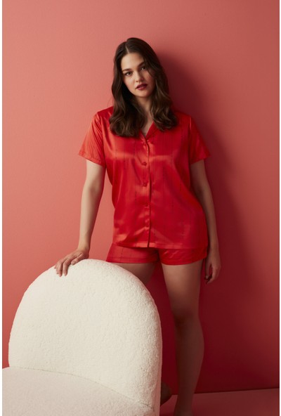 Penti Kırmızı Love Story Saten Gömlek Pijama Takımı