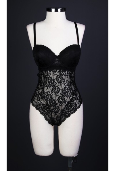Top Step Destekli Dantelli Bodysuit - Siyah - 75B