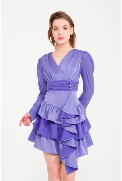 Bontesel Lavanta Rengi Volan Detaylı Abiye Elbise