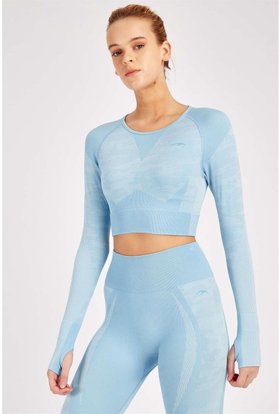 Maraton Mavi Kadın Dokulu Seamless Dikişsiz Uzun Kollu Crop Top Maraton Mavi Kadın Dokulu Seamless Dikişsiz Uzun Kollu Crop Top