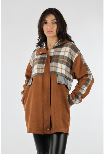 Ekol Kareli Uzun Kol Camel Bayan Pardesü 21208041