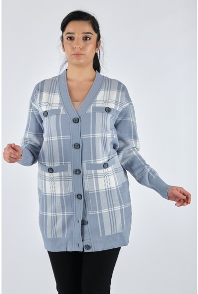 On V Yaka Kareli Uzun Kol Mavi Bayan Hırka 21253923