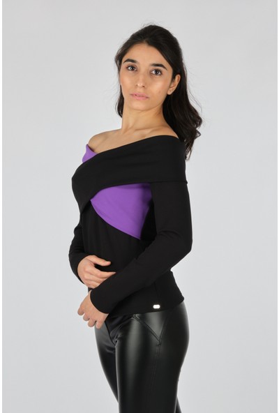 Explosion Yuvarlak Yaka Standart Kalıp Düz Siyah-Mor Bayan Bluz 21217103 Explosion Yuvarlak Yaka Standart Kalıp Düz Siyah-Mor Bayan Bluz 21217103