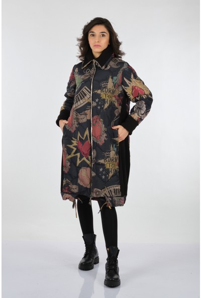 Misswenche Dik Yaka Desenli Lacivert Bayan Pardesü 21230521