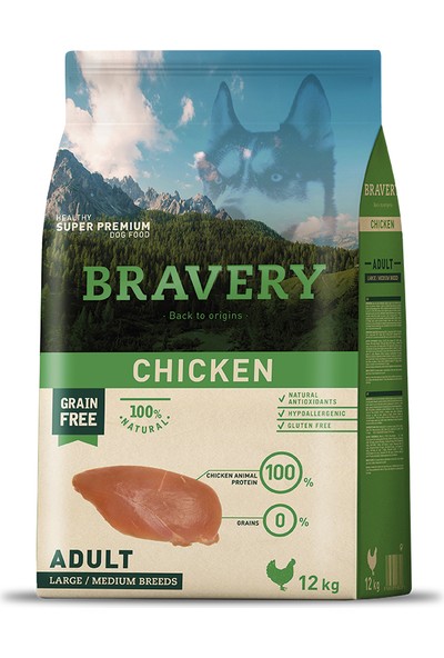 Bravery Adult Chicken Tahılsız Tavuklu Büyük ve Orta Irk Yetişkin Köpek Maması 12 kg Bravery Adult Chicken Tahılsız Tavuklu Büyük ve Orta Irk Yetişkin Köpek Maması 12 kg