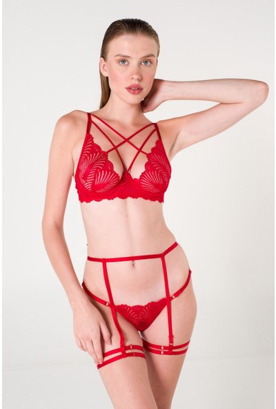 Top Step Jartiyerli Kapsız Lastik Detaylı Sütyen Takımı - Kırmızı - 80B