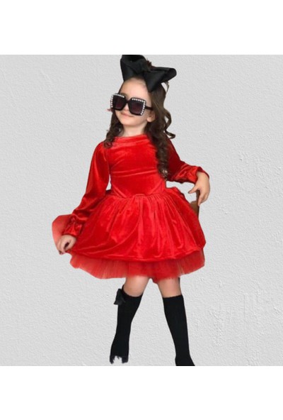 Maya Çocuk Dünyası Maya Çocuk Kırmızı Kız Çocuk Çantalı Kadife Abiye Elbise
