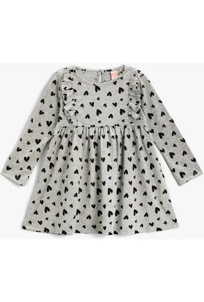 Koton Kız Bebek Kalp Baskılı Uzun Kollu Elbise Fırfırlı