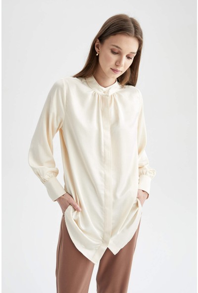 DeFacto Regular Fit Hakim Yaka Uzun Kollu Saten Tunik Gömlek W8608AZ22SP