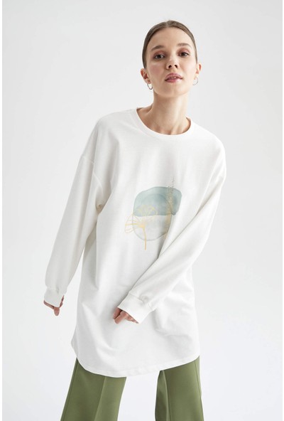 DeFacto Regular Fit Slogan Baskılı Bisiklet Yaka İnce Sweatshirt Kumaşı Sweatshirt Tunik X1878AZ22SP