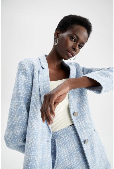 DeFacto Relax Fit Ekose Desenli Tweed Blazer Ceket X2584AZ22SP DeFacto Relax Fit Ekose Desenli Tweed Blazer Ceket X2584AZ22SP