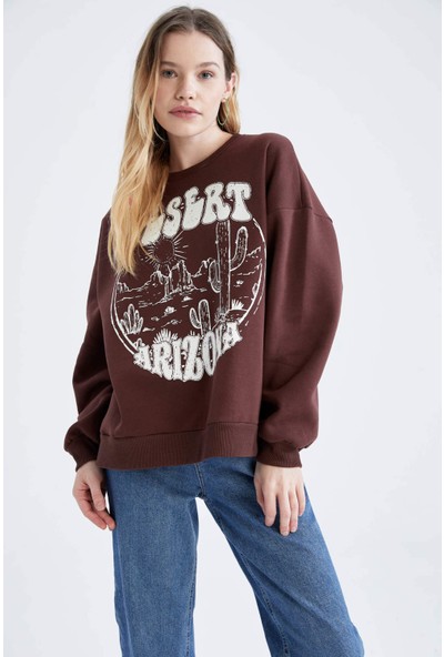 DeFacto Oversize Fit Bisiklet Yaka Baskılı Uzun Kollu İçi Yumuşak Tüylü Sweatshirt X4547AZ21CW