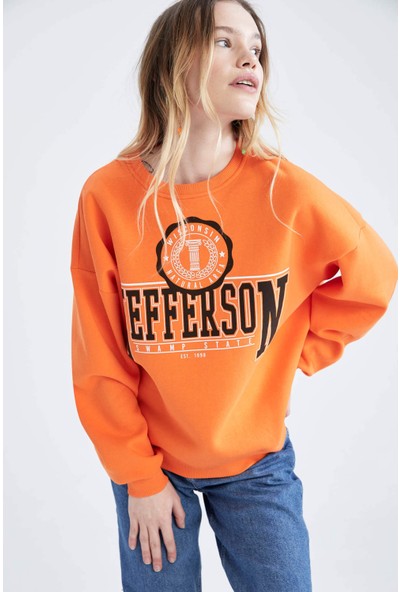 DeFacto Oversize Fit Bisiklet Yaka Kolej Desen Baskılı Uzun Kollu Sweatshirt X4550AZ21CW