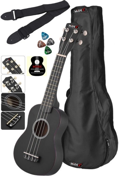 Midex UKX-233BK Siyah Concert Ukulele (Askı Çanta Metod Pena)