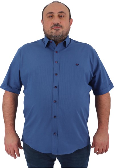 Moc Grande Büyük Beden Gömlek Kısa Kol Armürlü Nakışlı Indigo