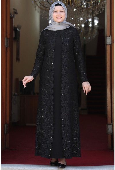 Papatya Tesettür Abiye Elbise Siyah Amine Hüma