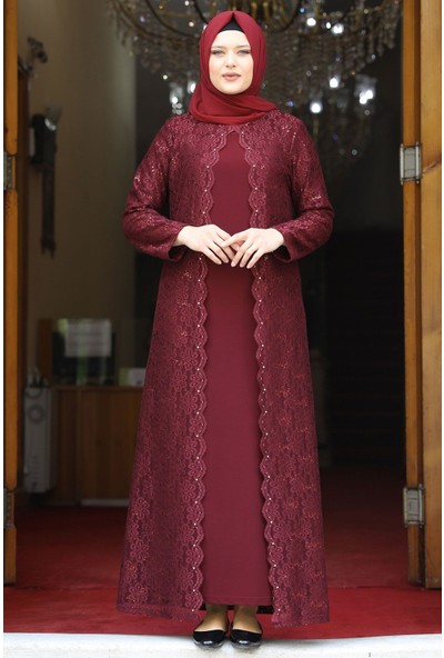 Papatya Tesettür Abiye Elbise Bordo Amine Hüma