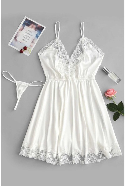 Pembishomewear Batty White Saten Gecelik