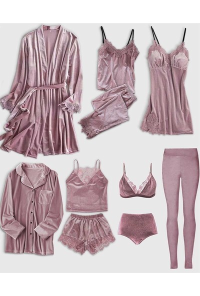 Pembishomewear Çeyizlik 10 Lu Özel Tasarım Pudra Pembe Kadife Paris Pijama Seti Pembishomewear Çeyizlik 10 Lu Özel Tasarım Pudra Pembe Kadife Paris Pijama Seti